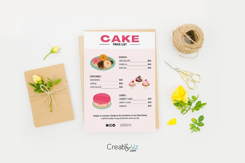 Cake Price List Menu Template Canva Editable Bakery Custom Dessert ...