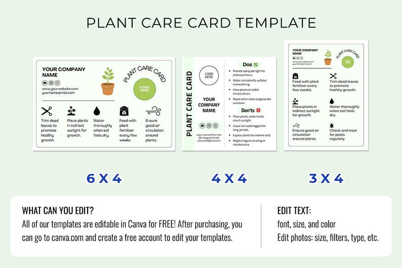Printable Plant Care Card Template, Editable Instructions Guide ...