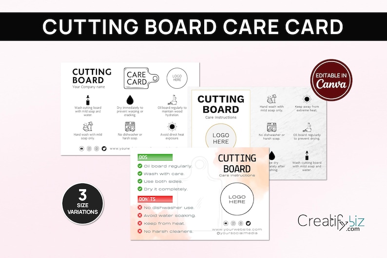 Printable Cutting Board Care Card Template Canva Wood Instructions ...