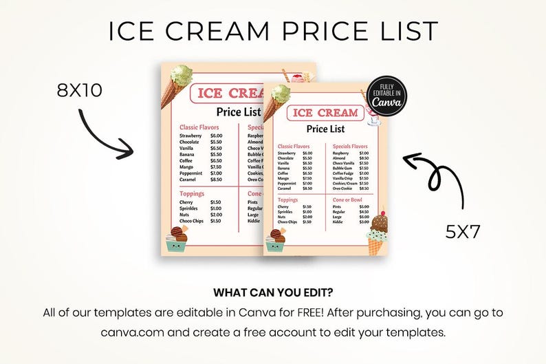 Ice Cream Price List Template, Editable Canva Menu (digital Download ...