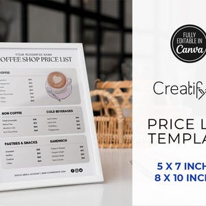 Coffee Shop Menu Template, Customizable Cafe Price List (5x7, 10x8 ...