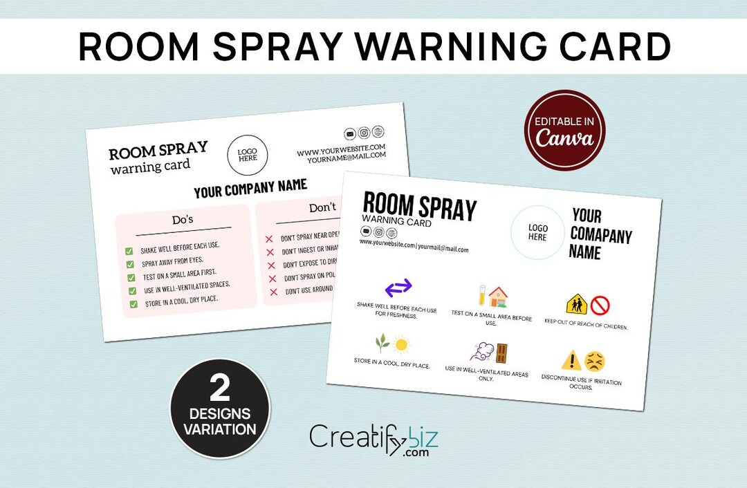 Room Spray Warning Care Card, Editable Canva Templates, Printable Room ...