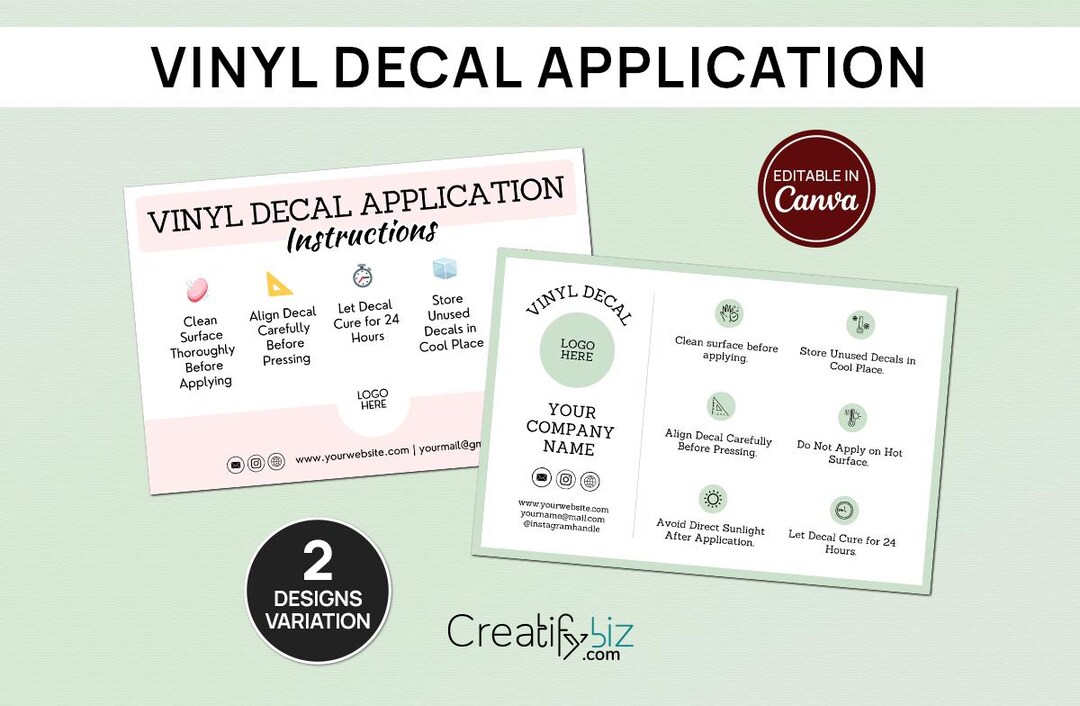 Vinyl Decal Application Card, Printable Vinyl Decal Care Card Instructions, Small Business ...
