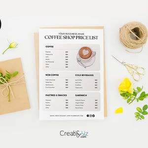 Coffee Shop Menu Template, Customizable Cafe Price List (5x7, 10x8 ...