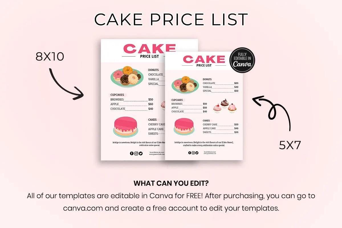 Cake Price List Menu Template Canva Editable Bakery Custom Dessert ...