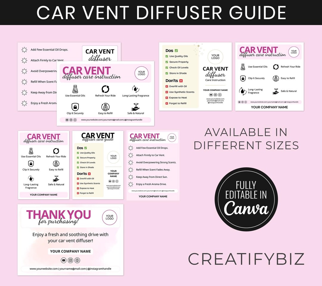 Car Vent Diffuser Guide Template, Essential Oil Care Card (canva) - Etsy