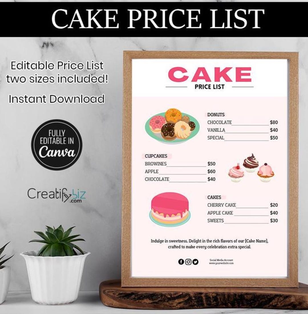 Cake & Treat Price List Template, Bakery Menu for Home Business - Etsy