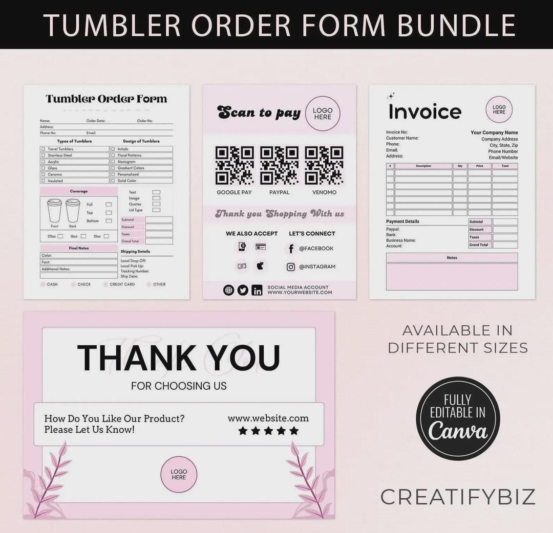Editable Tumbler Order Form Template, Printable Invoice Tracker, Scan ...