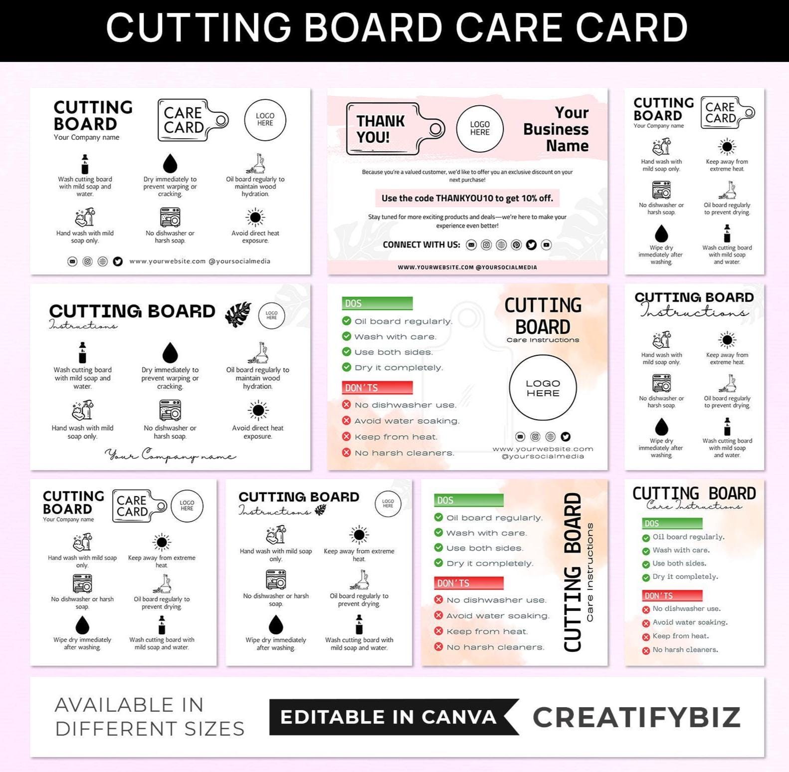 Printable Cutting Board Care Card Template Canva Wood Instructions ...