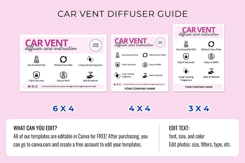 Car Vent Diffuser Guide Template, Essential Oil Care Card (canva) - Etsy