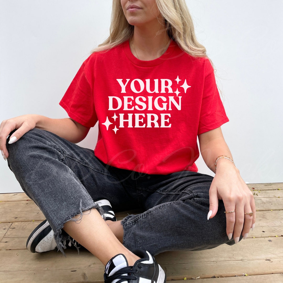 Gildan 5000 Red Mockup, G5000 Red Mock-up, Oversized Tee Shirt Mockup ...