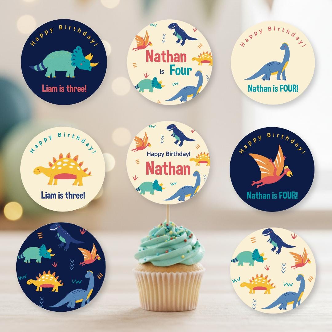 Editable Dino Birthday Cupcake Toppers, Modern Dinosaur Birthday ...