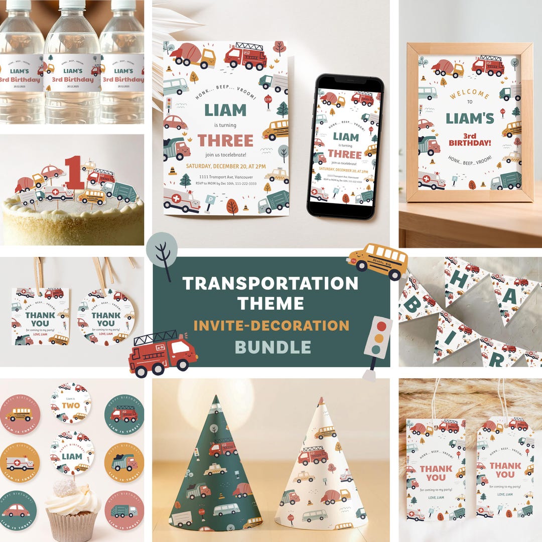 Transportation Theme Party Deco Bundle, Editable Transport Invitation ...