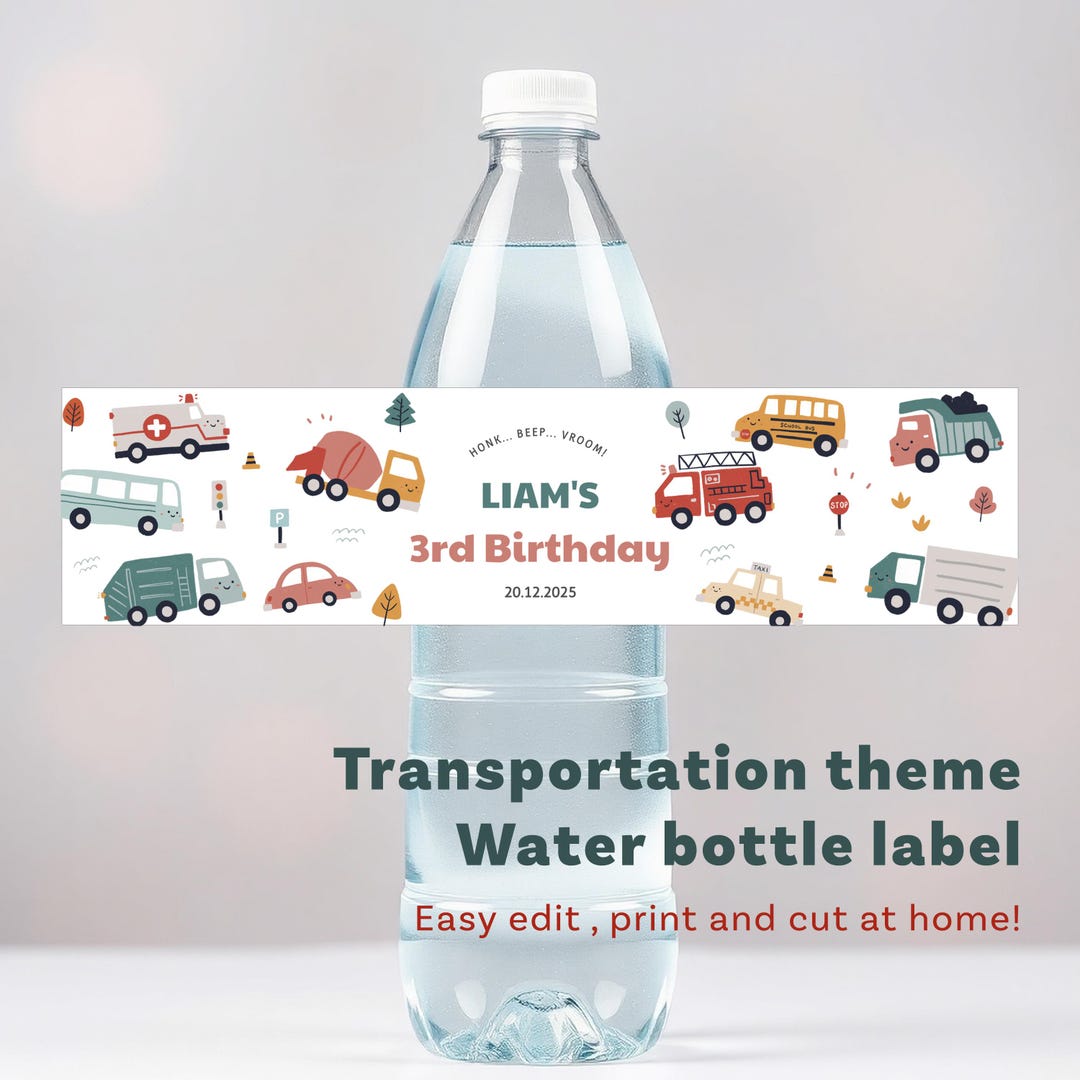 Transportation Theme Water Bottle Label, Editable, Print at Home ...