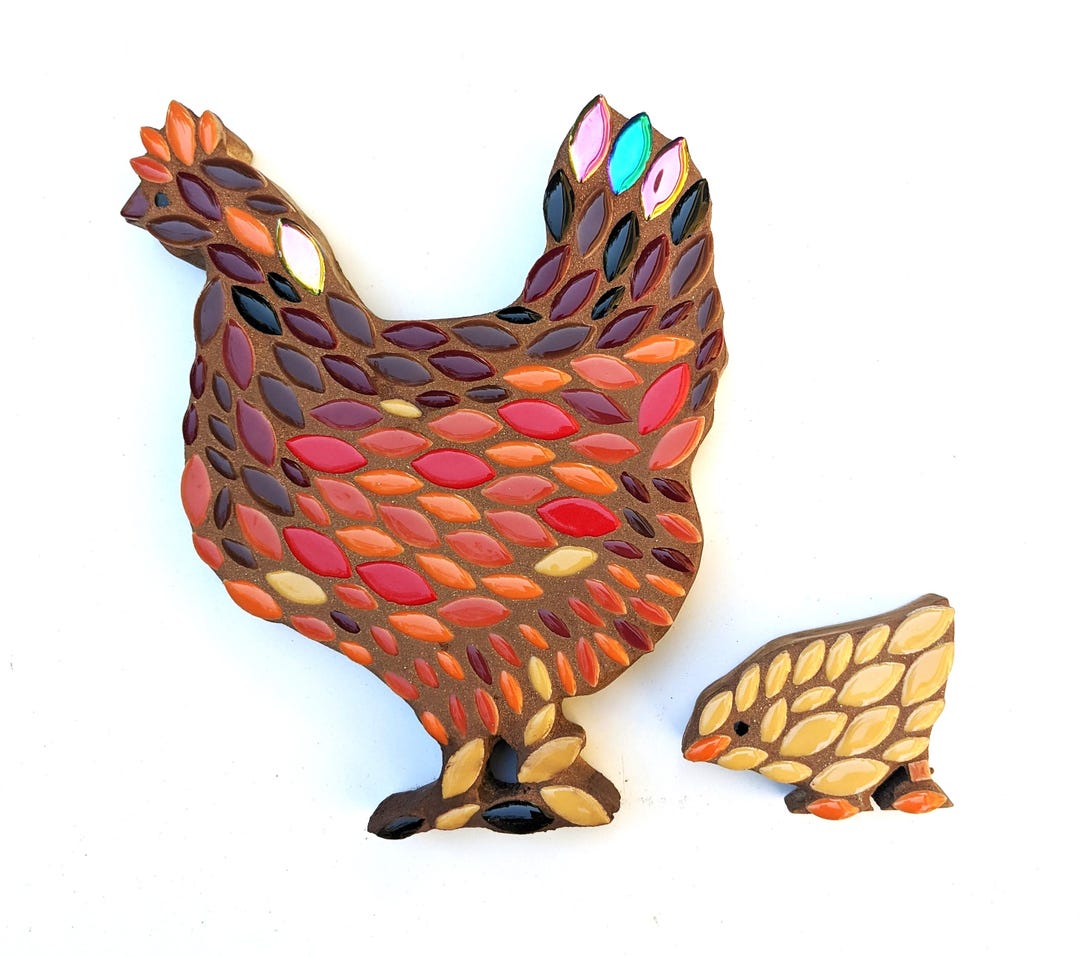 A Hen and Her Chick in Mosaic – Wooden Base With Ceramic Mosaic – Wall ...