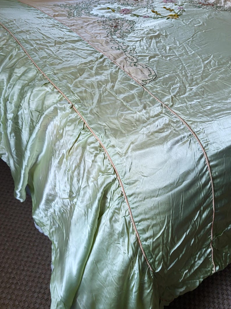 1930s Satin Peach and Mint Green Bedspread and Accessories Gorgeous - Etsy