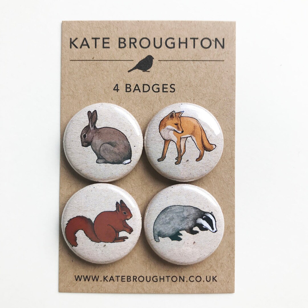 Woodland Animal Badges set of Four: Fox, Rabbit, Badger, Squirrel - Etsy