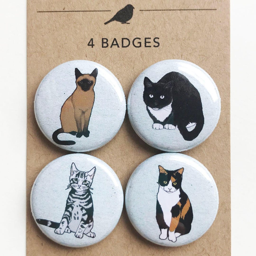 Cat Badges set of 4 Calico, Burmese, Silver Tabby, Black and White - Etsy