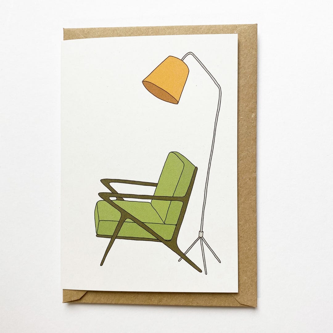 Retro Homes Chair Card, Mid Century Vintage Chair Lamp, Illustrated ...
