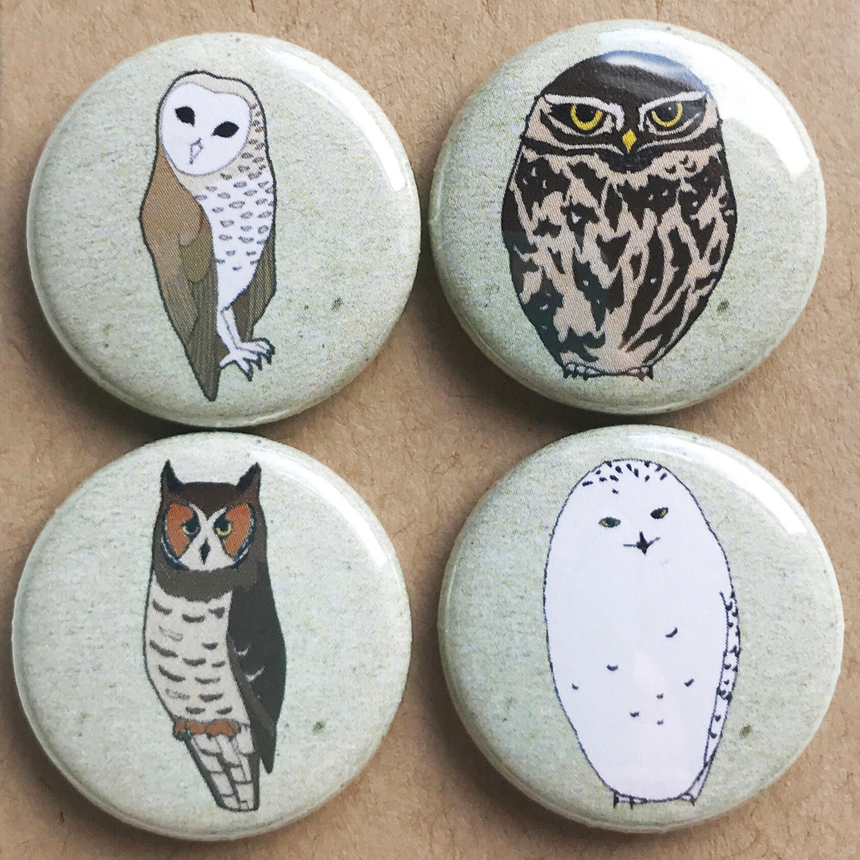 Owl Illustration Badges set of Four | Etsy UK