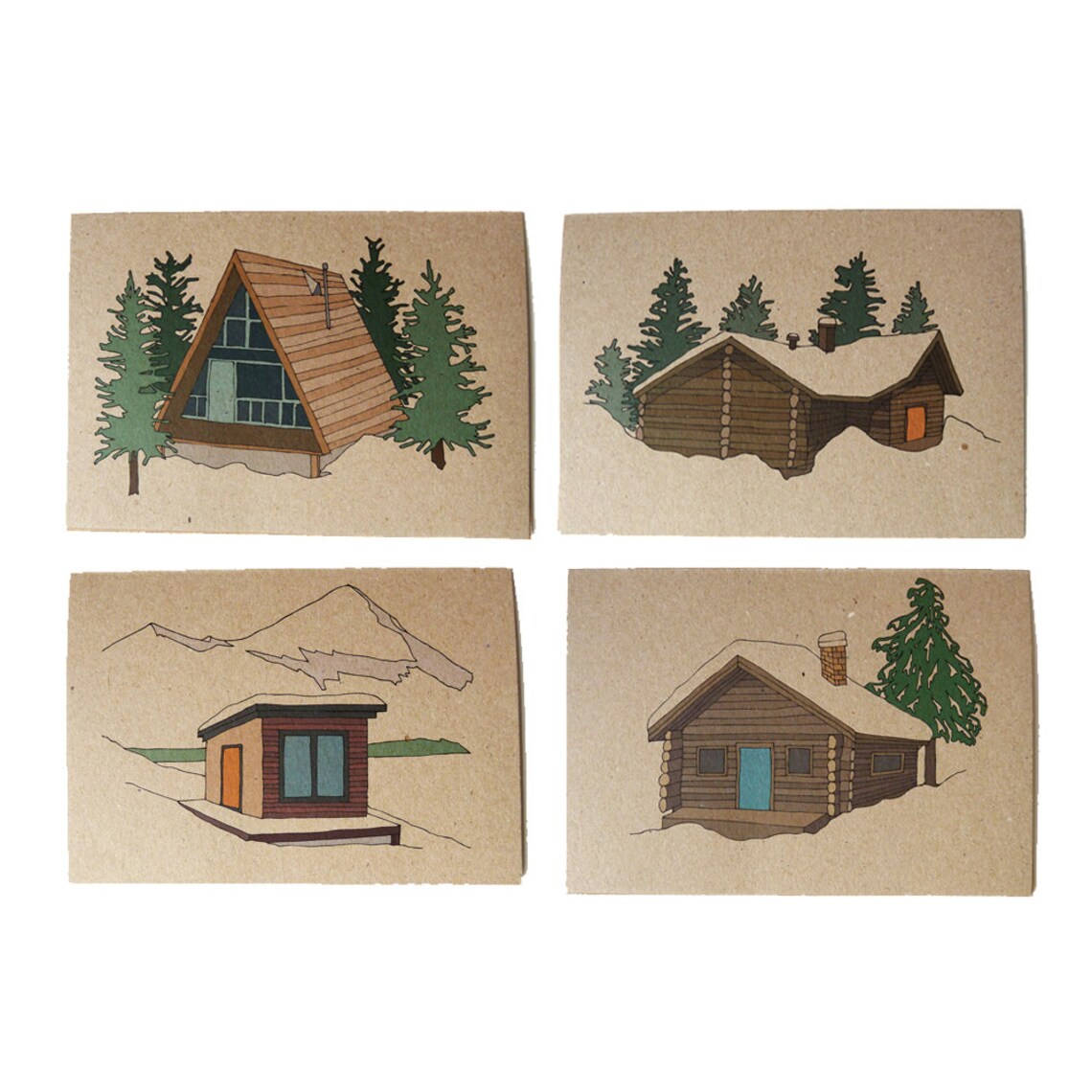 Set of Four Winter Lodge Cards Log Cabin Cards Log Cabin | Etsy