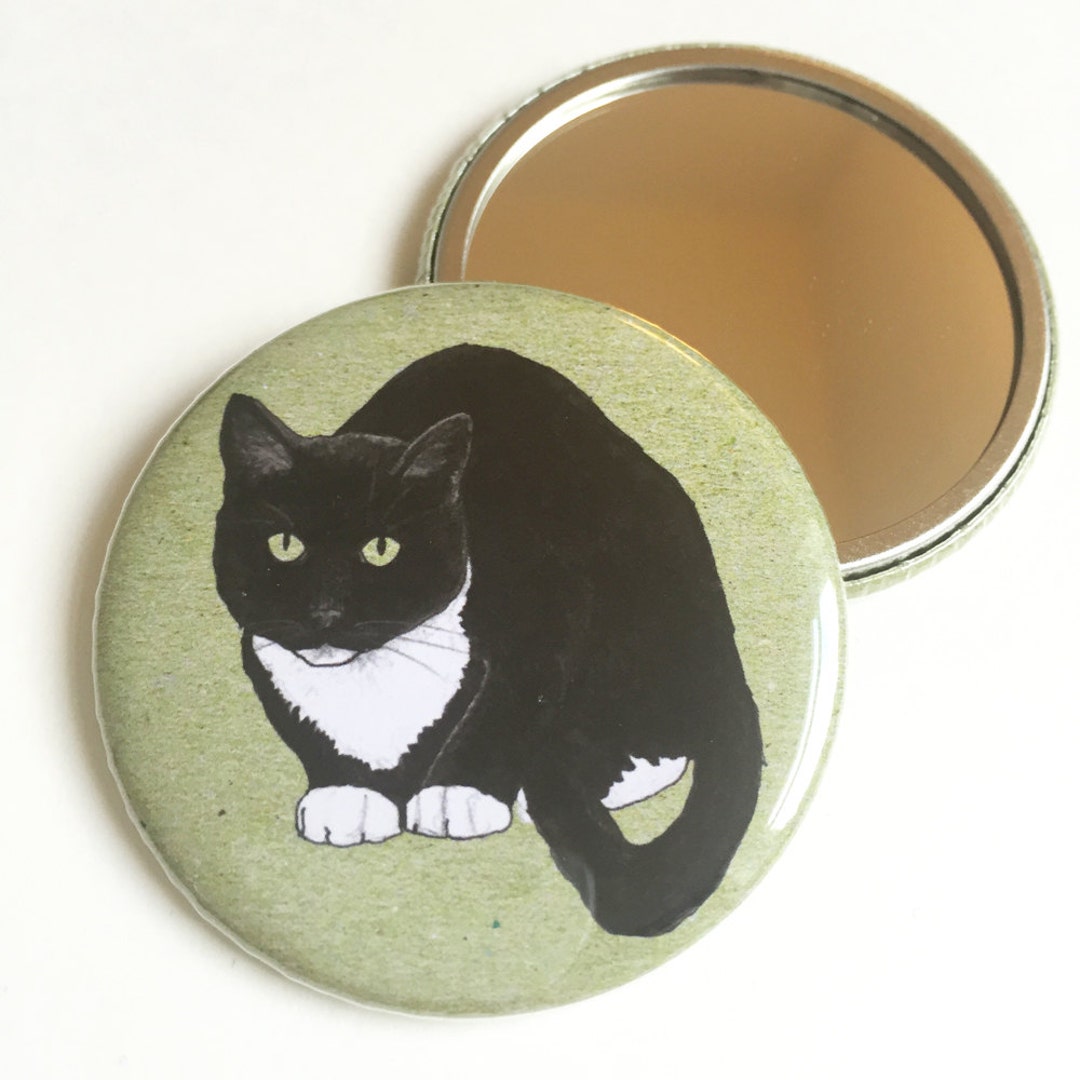 Cat Pocket Mirror Black and White Cat, Illustrated Compact Mirror, Cat ...