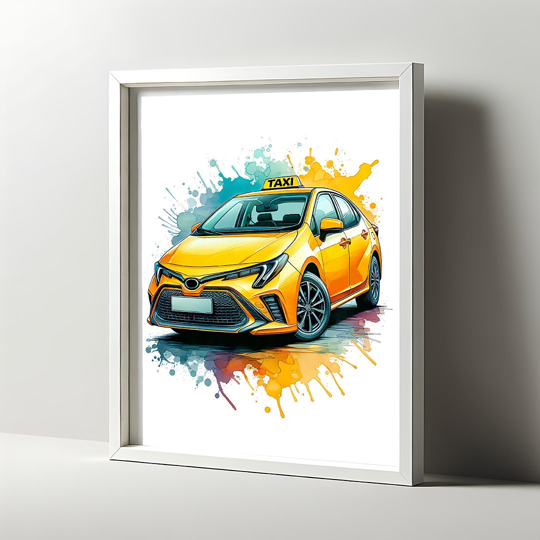 Taxi Watercolor Clipart Print With Frame Ideal as Wall Decor Poster ...