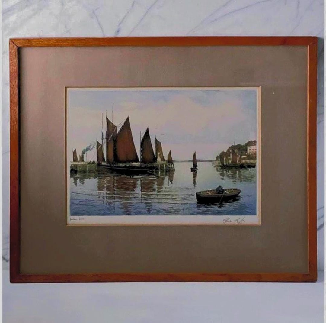 Antique Etching, Antique Colour Etching, Antique Harbour Scene, Framed ...