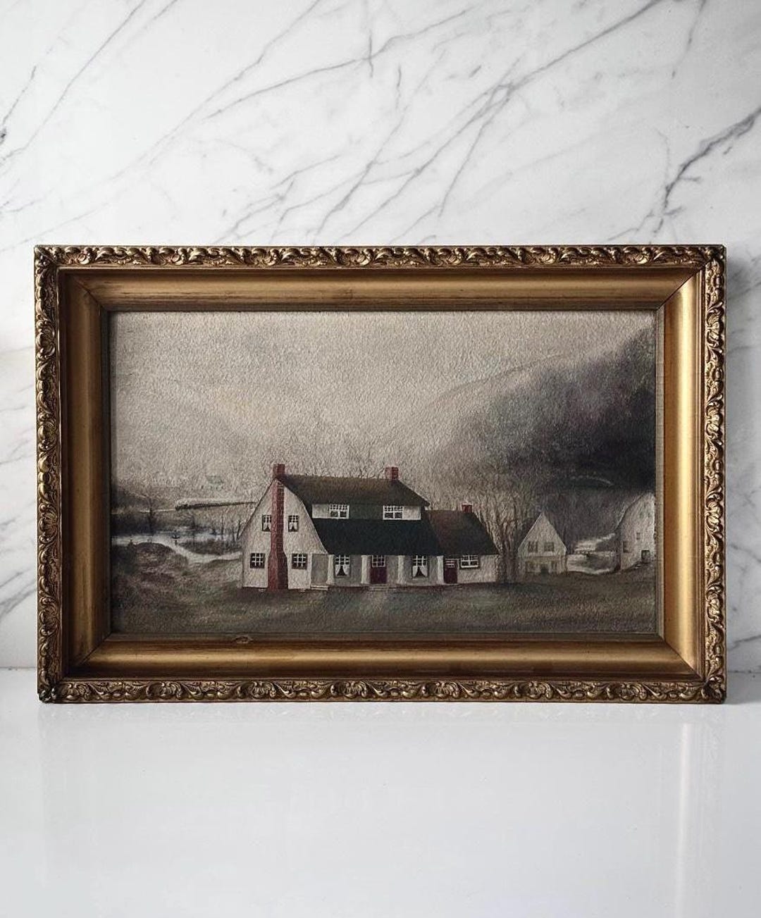 Antique Folk Art Oil Painting: Early Americana Homestead Scene - Etsy