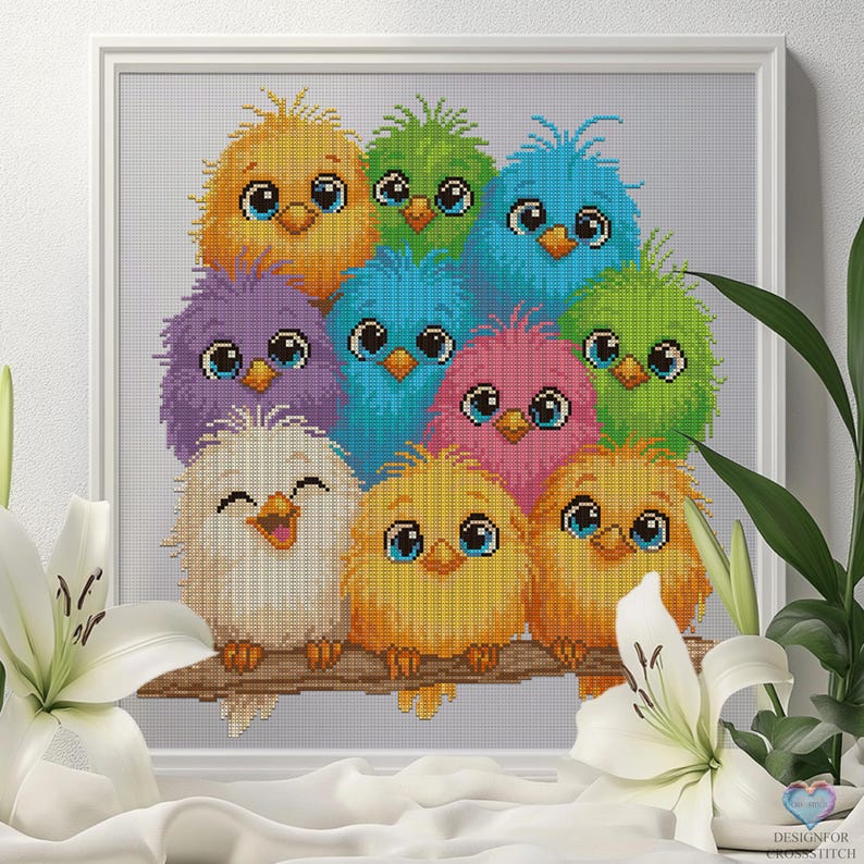 Bird Design for Cross Stitch: Colorful Fuzzy Flock - Etsy
