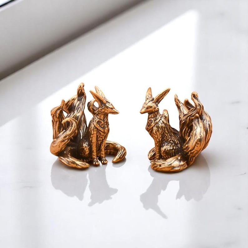 Brass Nine Tailed Fox, Kitsune Statue, Fantasy Fox Figurine, Mythical ...