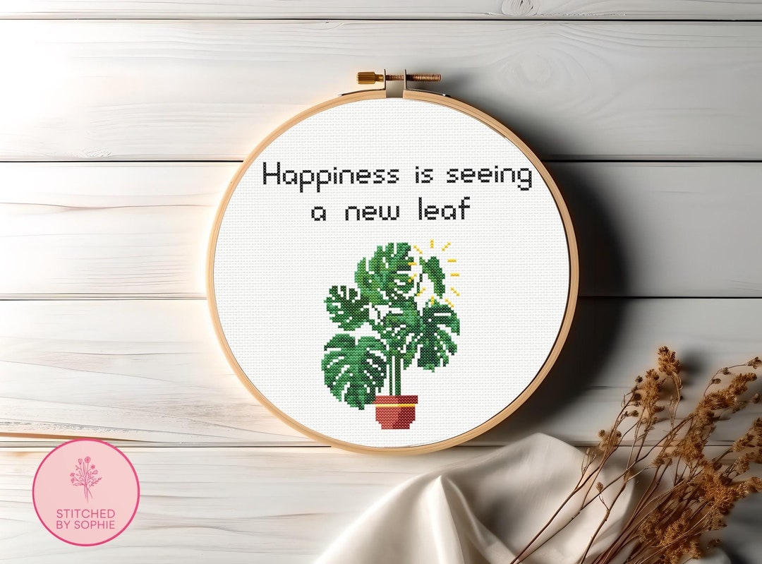Monstera Plant Cross Stitch Pattern: Happiness Quote (PDF Download) - Etsy