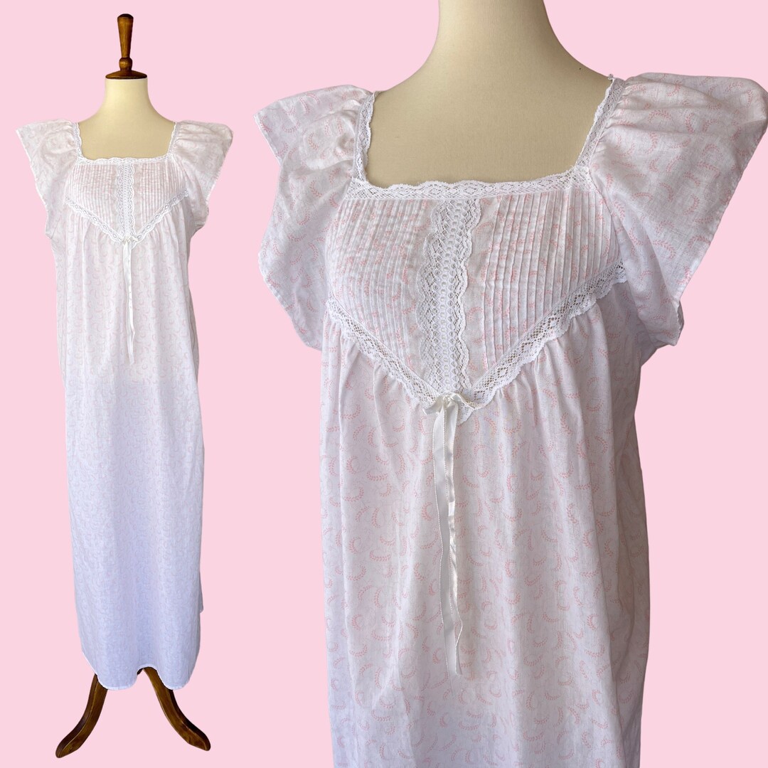 70s 80s Lewis Frimel White and Pink Calico Cotton Voile House Dress ...