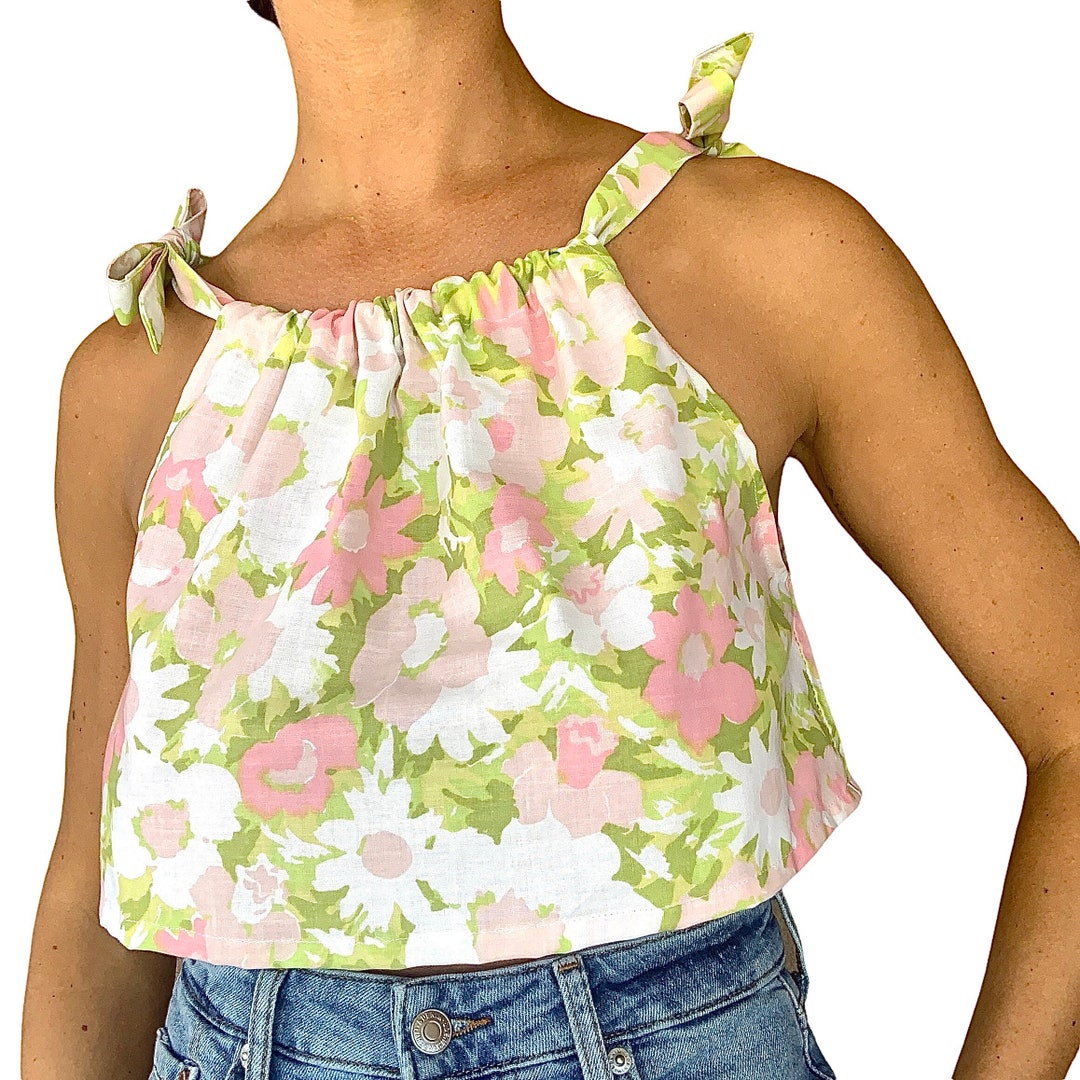 Little Light Original Pink Daisy Print Shoulder Tie Strap Cropped Sack ...