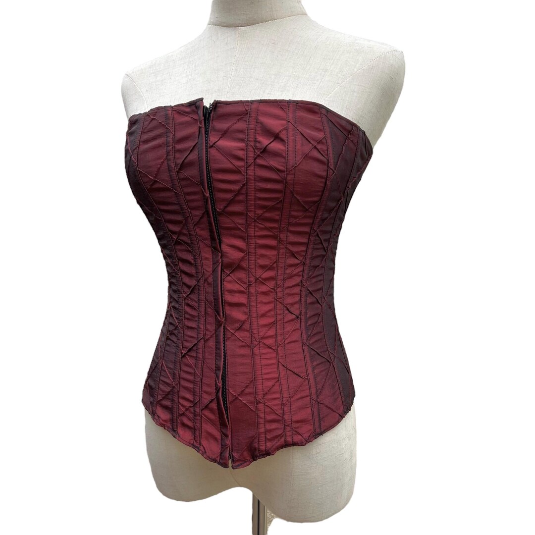 Y2K Merlot Diamond Pin Tucked Strapless Lace up Zip Front Corset (size ...