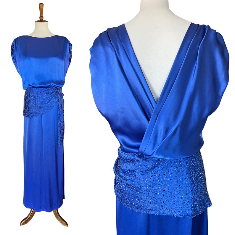 Vintage 80s Does 30s Amen Wardy Royal Blue Satin Dropped Waist Beaded ...