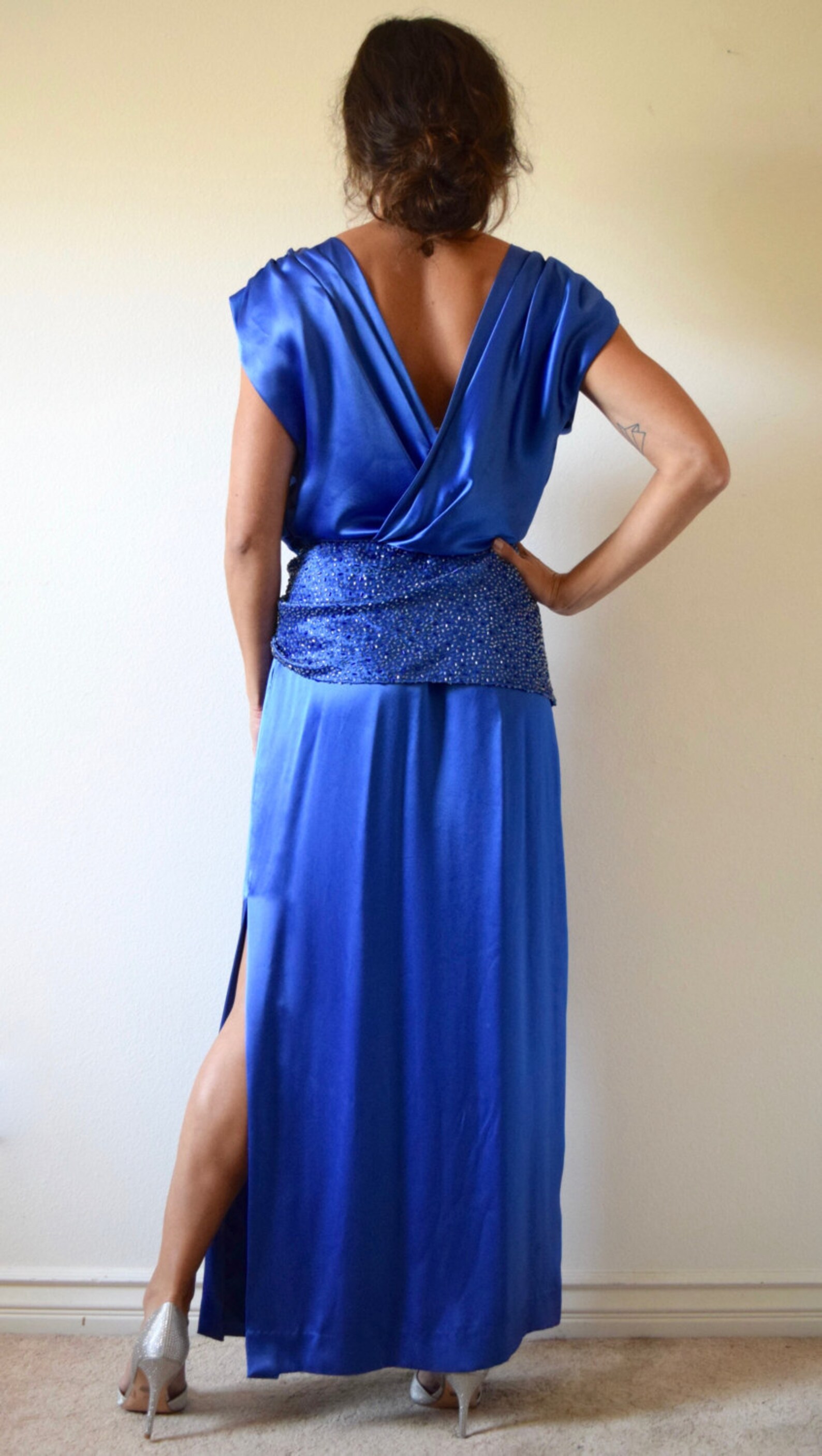 Vintage 80s Does 30s Amen Wardy Royal Blue Satin Dropped Waist Beaded ...