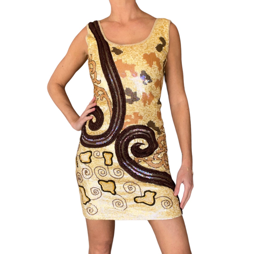 Vintage 80s 90s Escada Gold and Amber Sequined Honeycomb Shift Dress ...