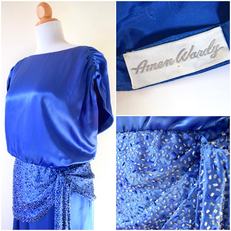 Vintage 80s Does 30s Amen Wardy Royal Blue Satin Dropped Waist - Etsy