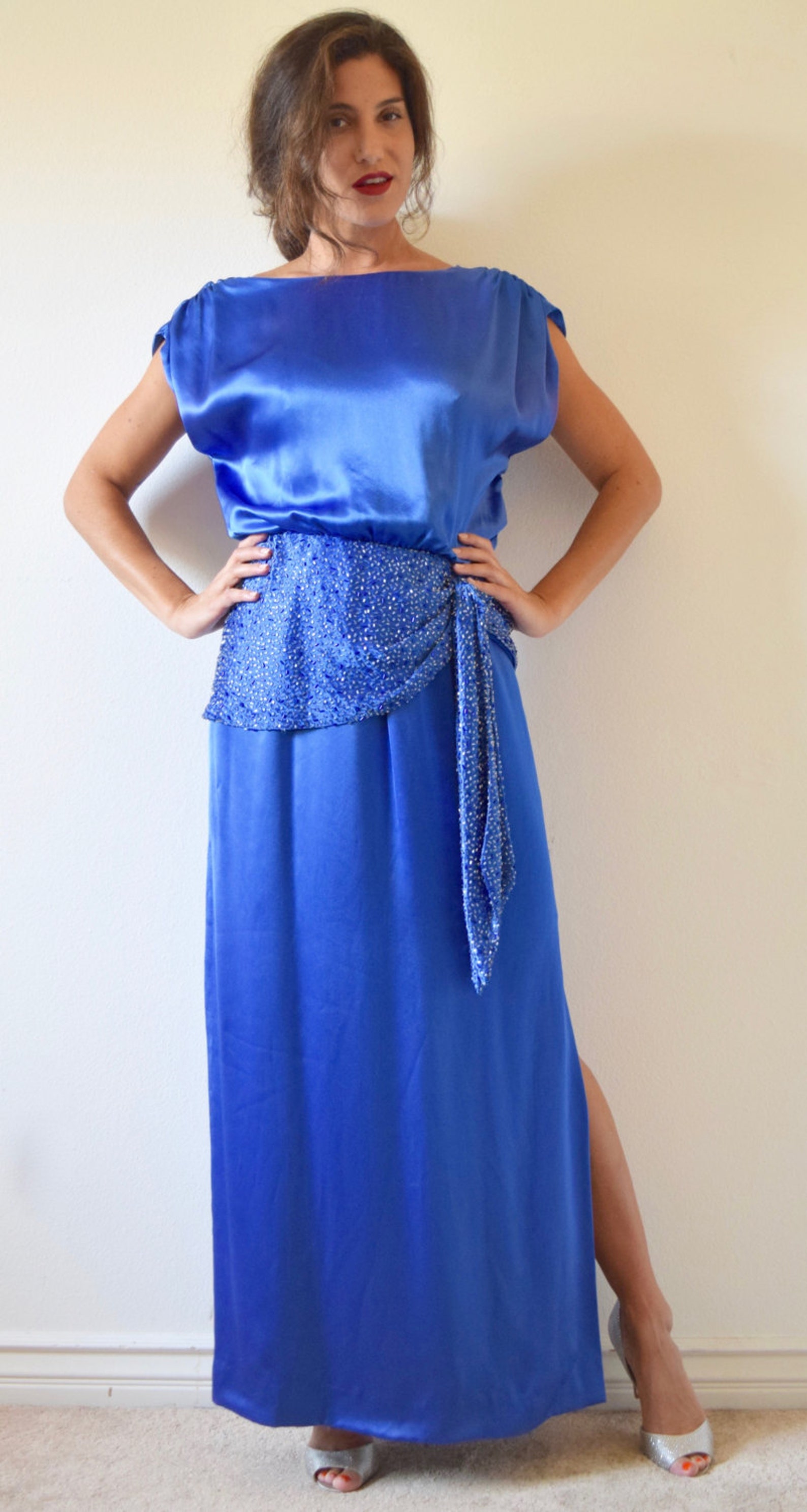 Vintage 80s Does 30s Amen Wardy Royal Blue Satin Dropped Waist Beaded ...