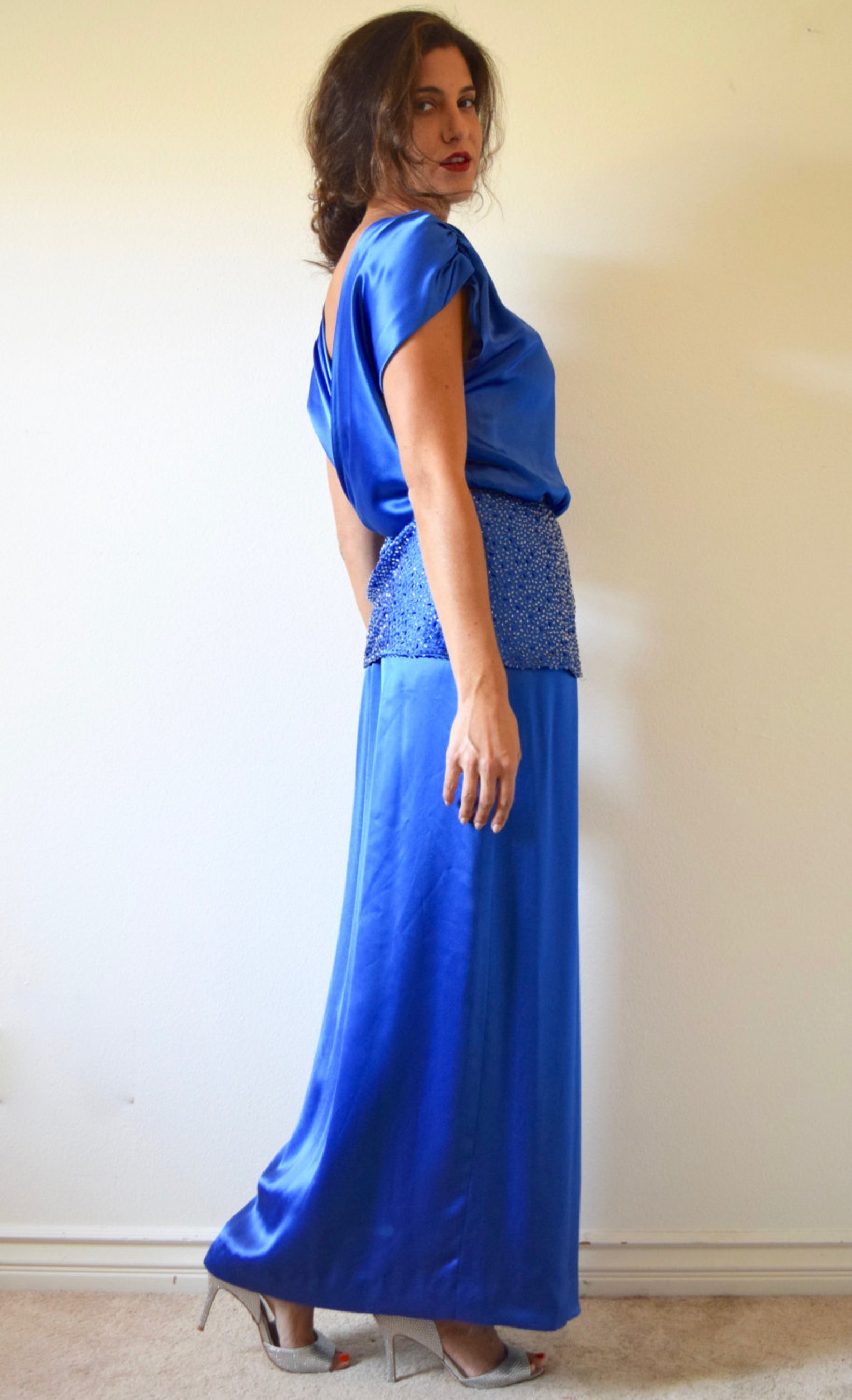 Vintage 80s Does 30s Amen Wardy Royal Blue Satin Dropped Waist Beaded ...