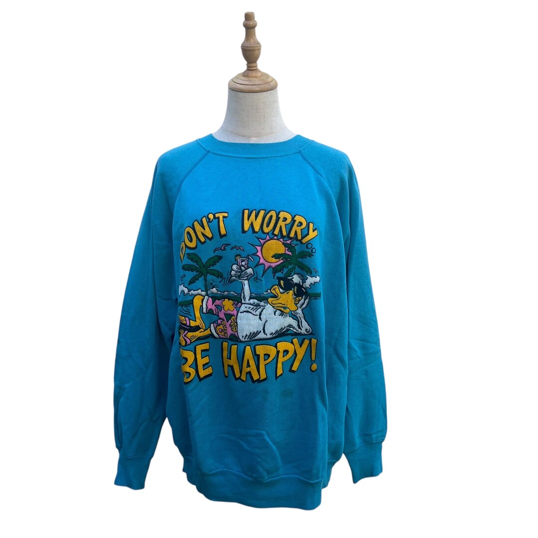 80s Don’t Worry Be Happy Duck on the Beach Graphic Raglan Sweatshirt ...