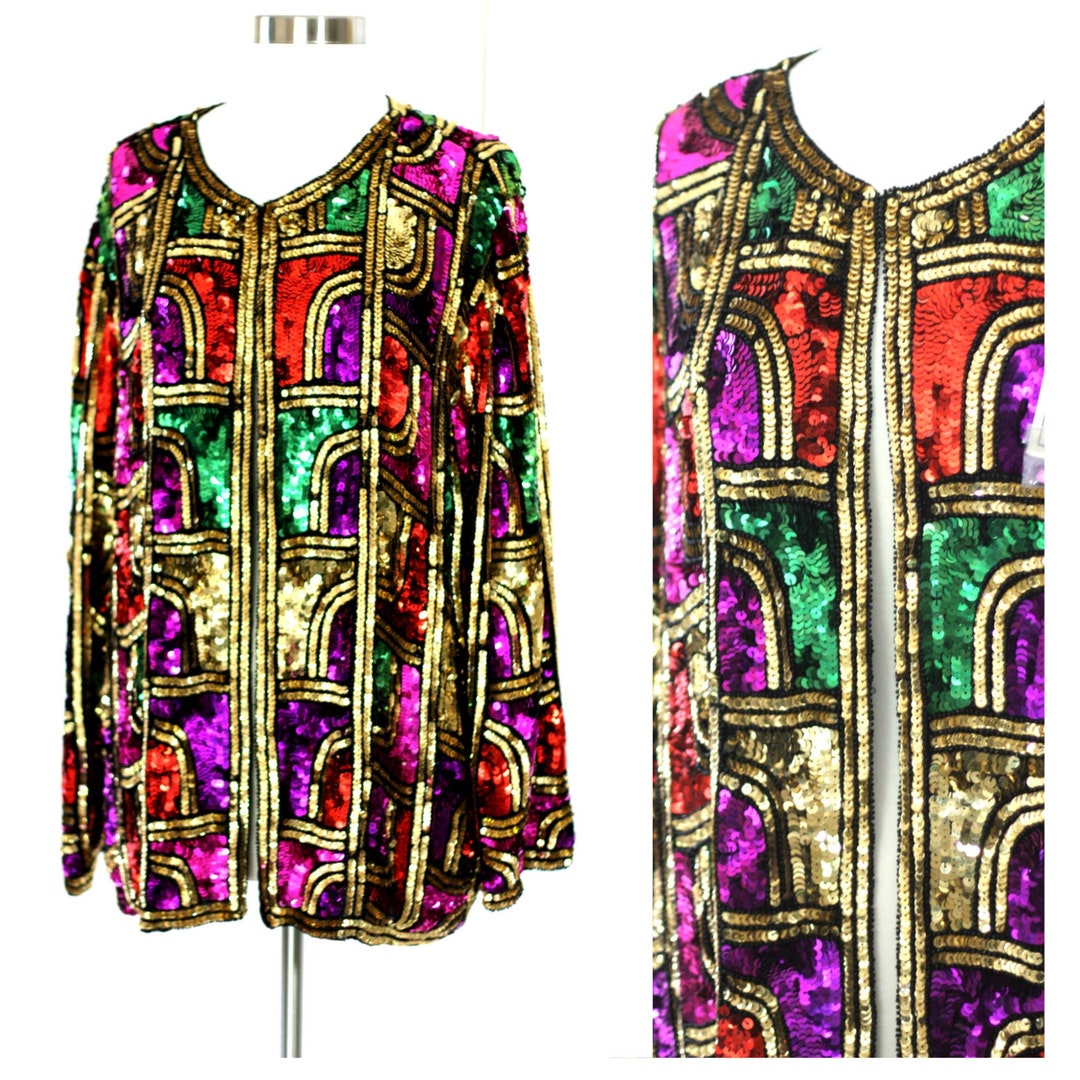 Sz 2x//stunning Bright Colorful Sequin Beaded Duster//deadstock Plus ...