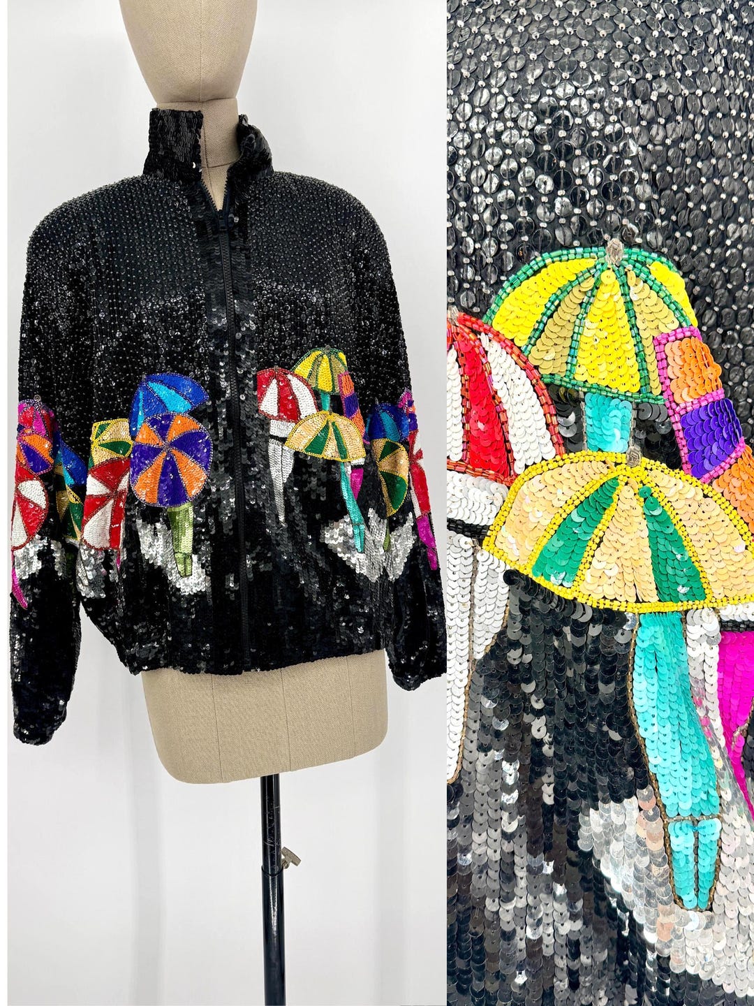Sz M//vintage Modi Black Sequin Jacket With Rainbow Umbrellas//rare ...