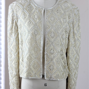 Sz XL// Black Tie Sequin Beaded Jacket Bolero// Embellished Ivory ...