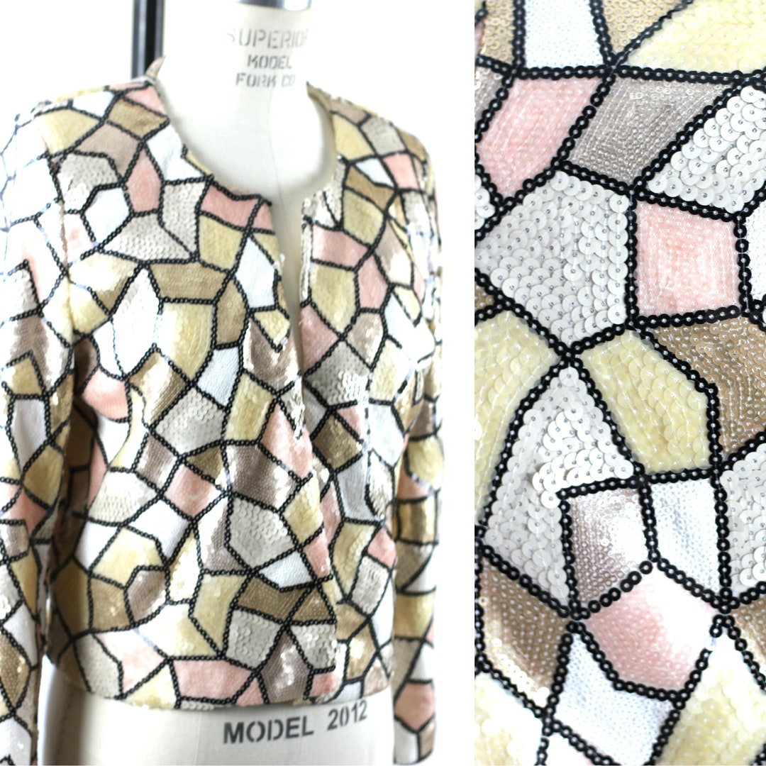 Sz S//sequin Stained Glass Look Jacket//white With Pink, Yellow, and ...