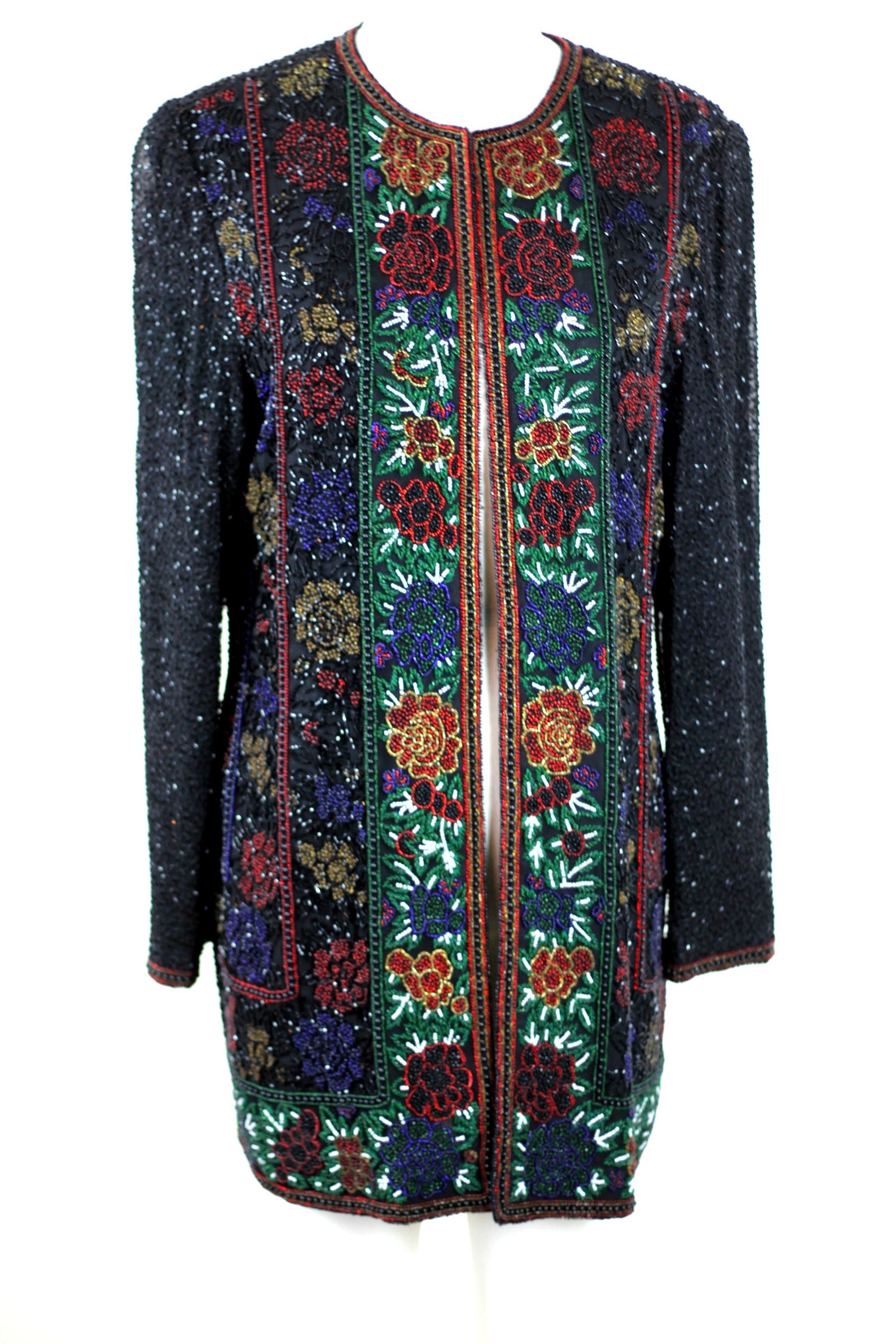Sz S//long Beaded Jacket// Judith Ann Creations Duster// Roses Sequin ...