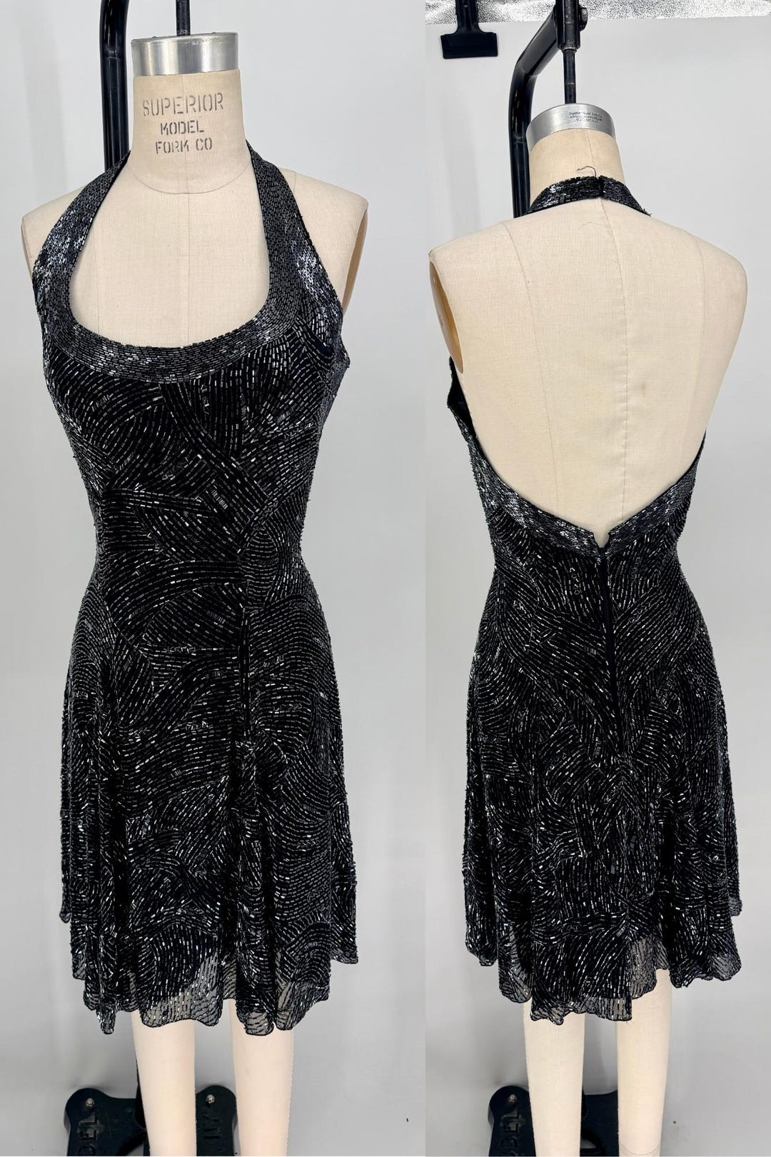 Size 6//vintage Lillie Rubin Beaded Halter Dress//black Beaded Art Deco ...