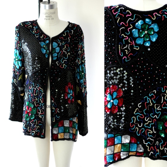 Sz M// Beautiful Vtg Beaded Jacket// Colorful Sequin … - Gem
