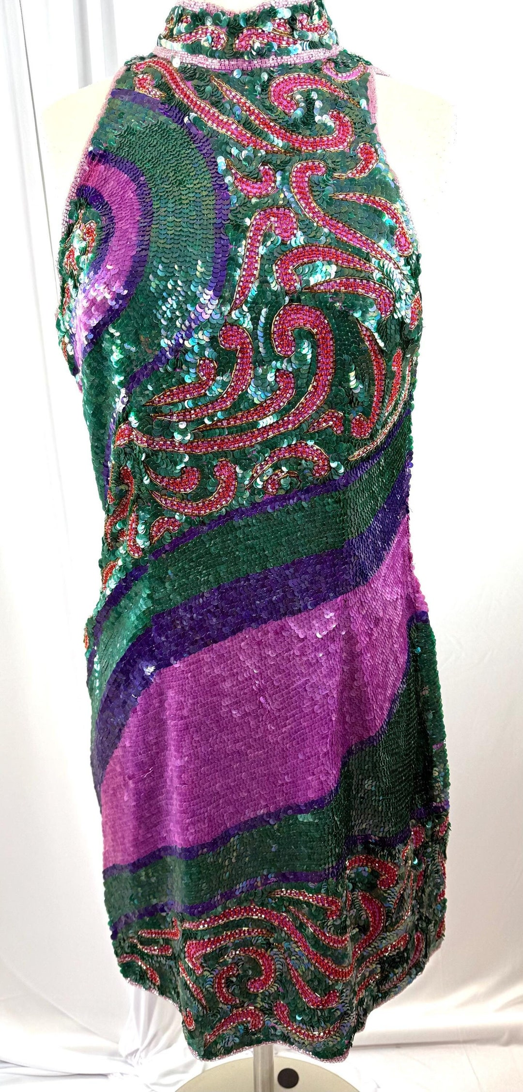 Size L//vintage High Neck Purple Sequin Party Dress//open Back Cocktail ...